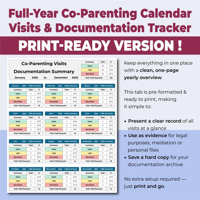 Co-parenting Custody Calendar Template | 12-month Visit & Documentation Tracker | Shared ...