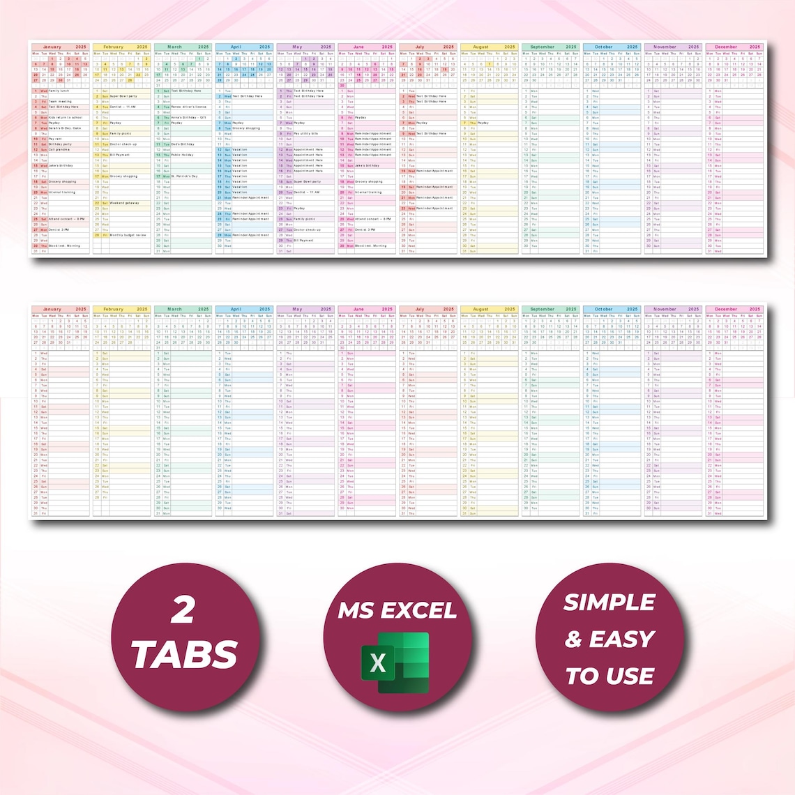 Year at a Glance Calendar Template, Excel Yearly Planner, Auto Updating ...