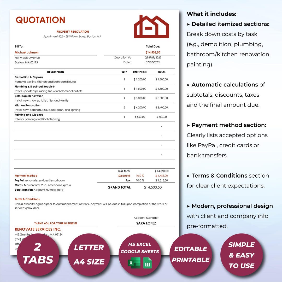 Property Renovation Estimate Template, Building Work Quote Spreadsheet ...