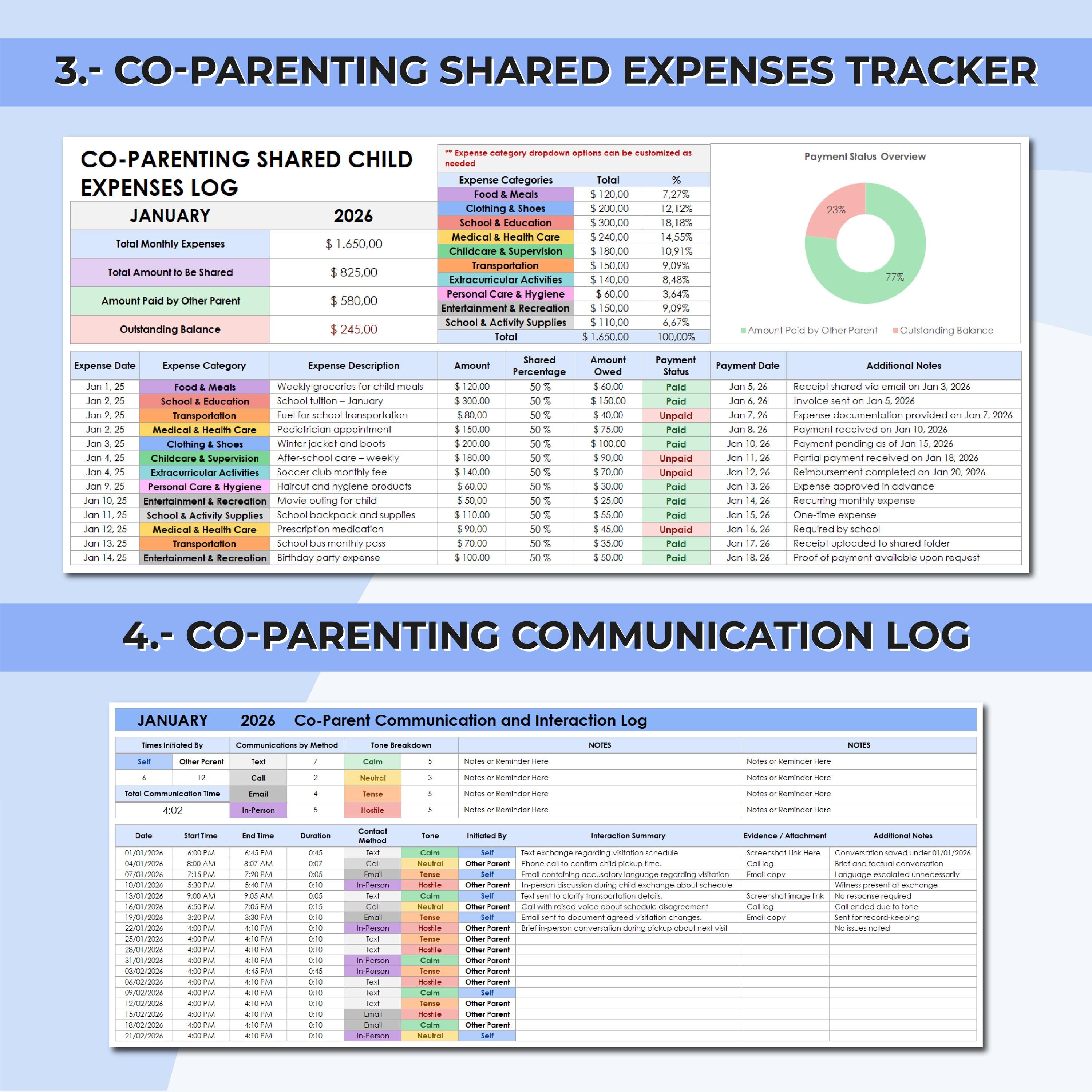 Co-parenting Template Bundle | Custody Calendar, Visits, Phone Calls ...