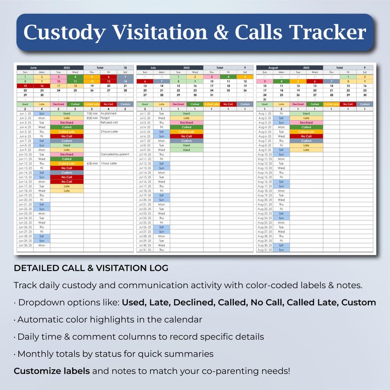 Coparenting Visitation Calendar, Custody Tracker Spreadsheet, Parenting ...
