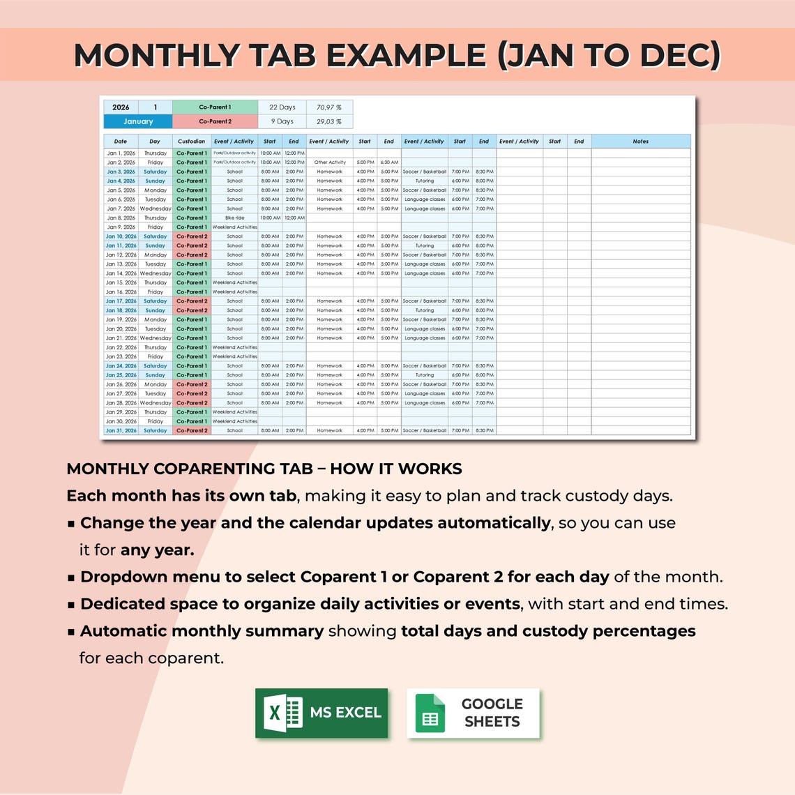 Coparenting Calendar & Schedule Template | Coparent 1 and Coparent 2 ...