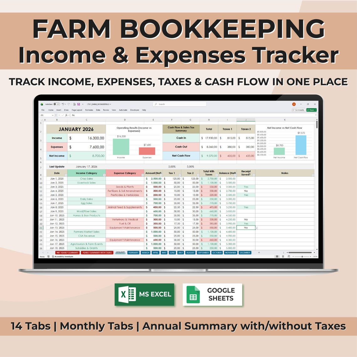Farm Bookkeeping Spreadsheet | Farm Income and Expense Tracker | Cash ...