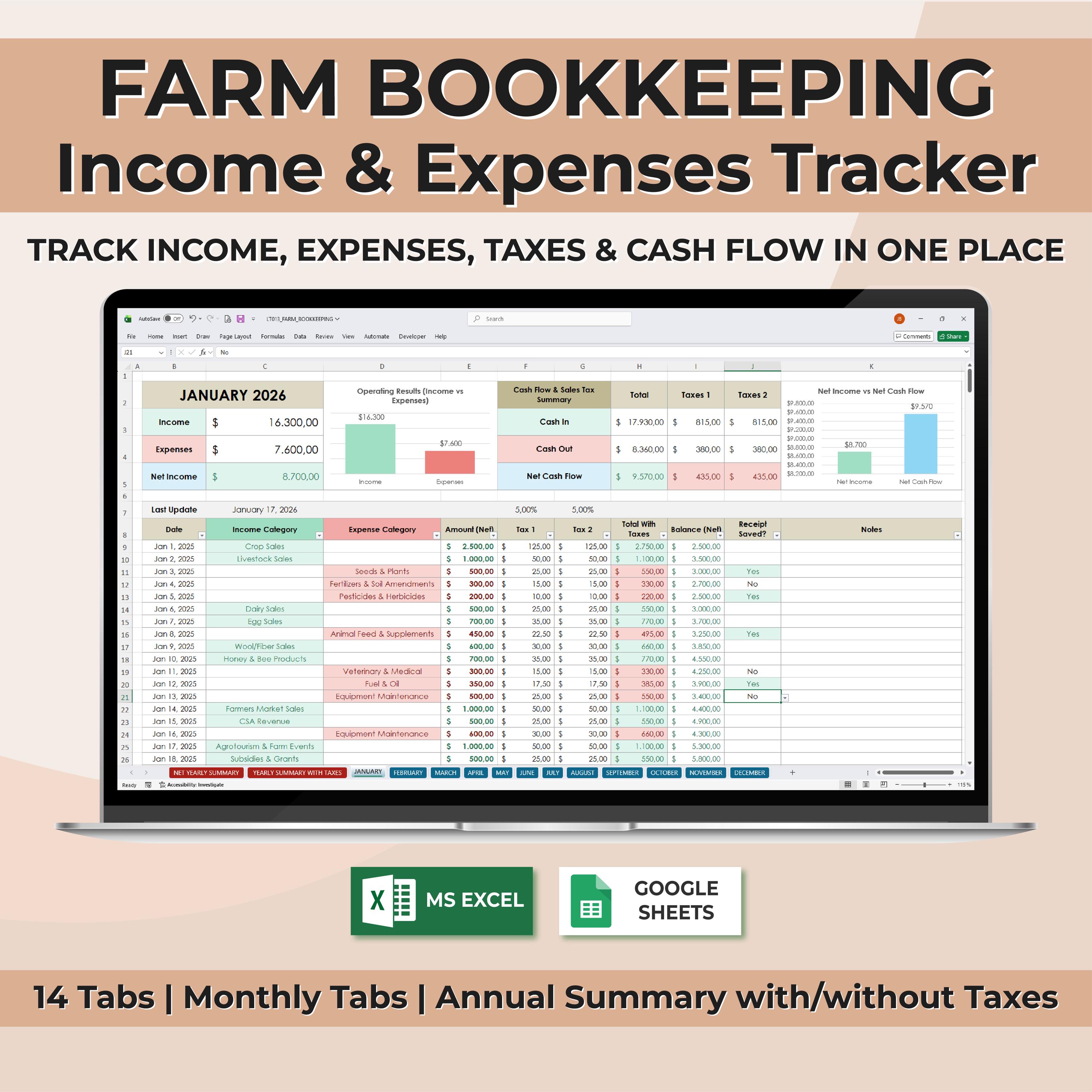 Farm Bookkeeping Spreadsheet | Farm Income and Expense Tracker | Cash ...