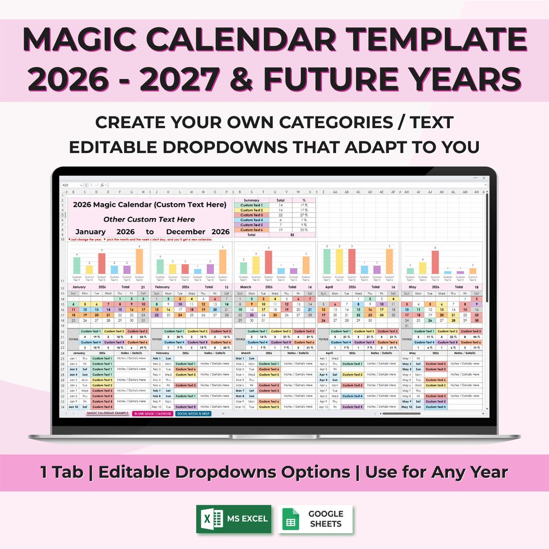 2026 2027 Editable Calendar for Excel Google Sheet | Magic Calendar ...