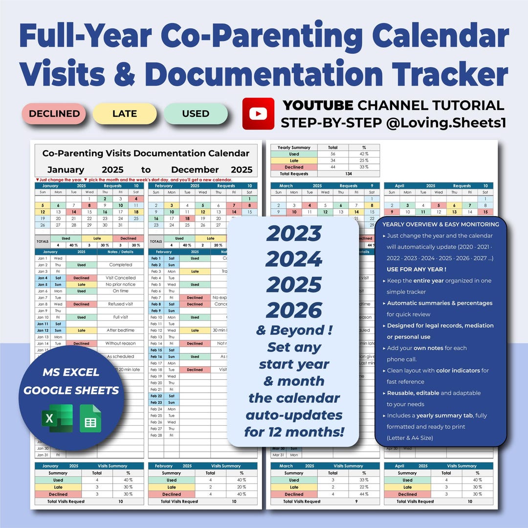 Co-parenting Custody Calendar Template | 12-month Visit & Documentation Tracker | Shared ...