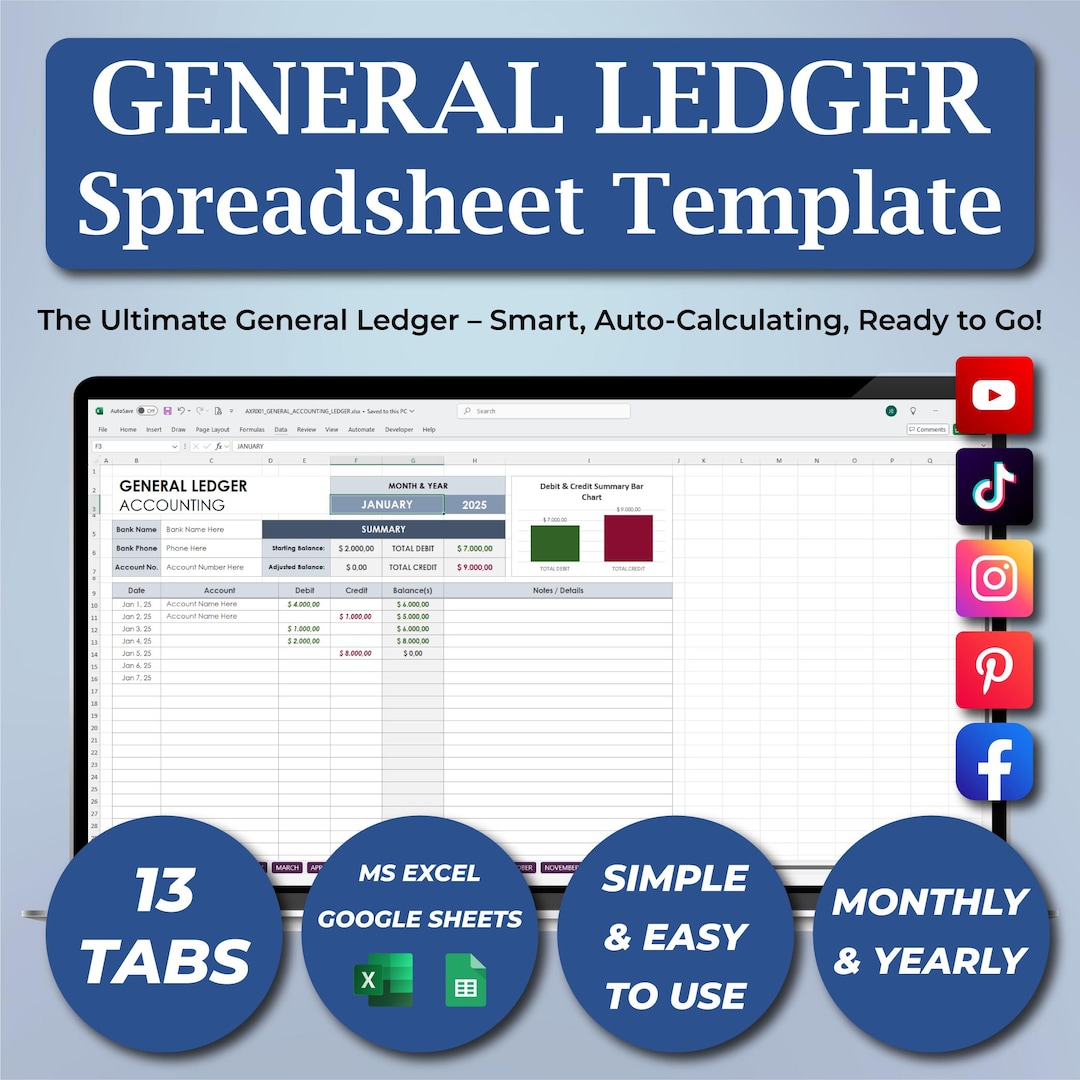 General Ledger Accounting Template, General Ledger Spreadsheet, Money ...