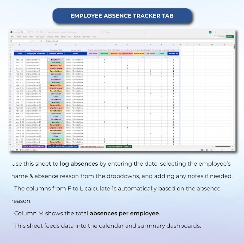 Employee Absence Tracker Template Excel | Time Off, Sick Leave, Attendance, Annual Leave ...