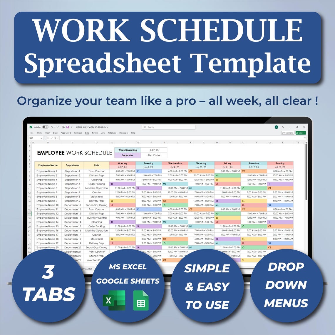 Employee Schedule Template, Working Hours Excel Google Sheets ...