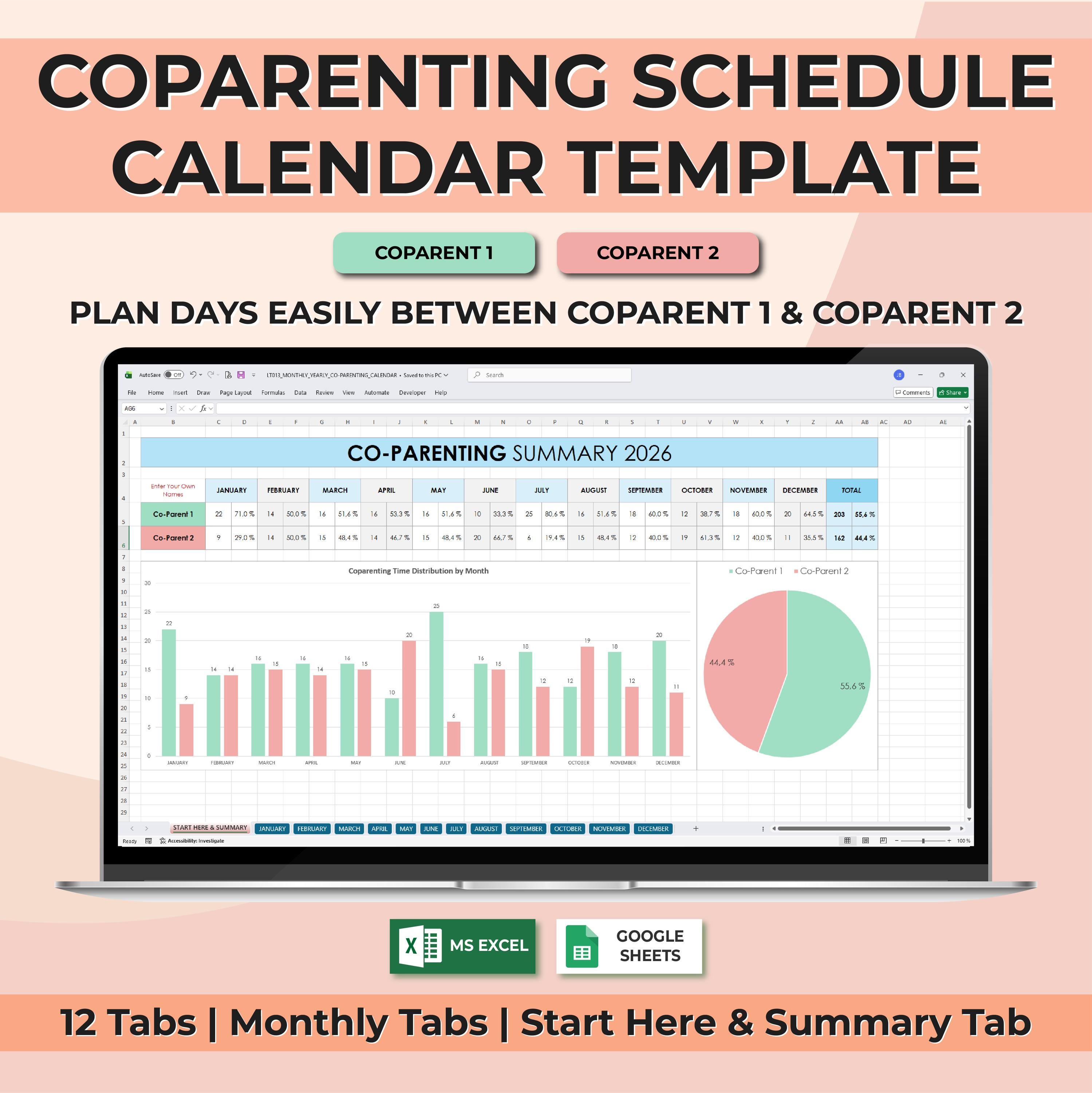 Coparenting Calendar & Schedule Template | Coparent 1 and Coparent 2 ...