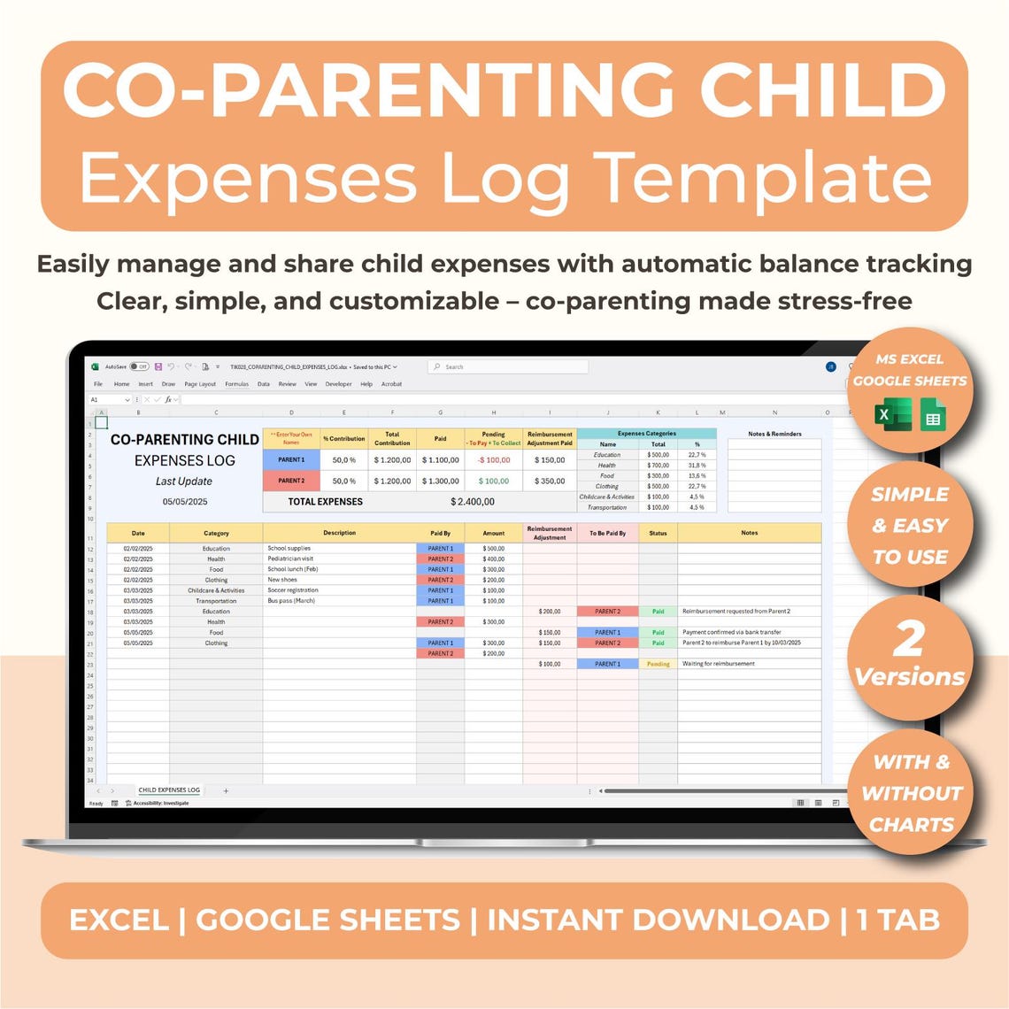 Divorce Expense Tracker, Shared Expenses Log for Parents, Co Parenting ...