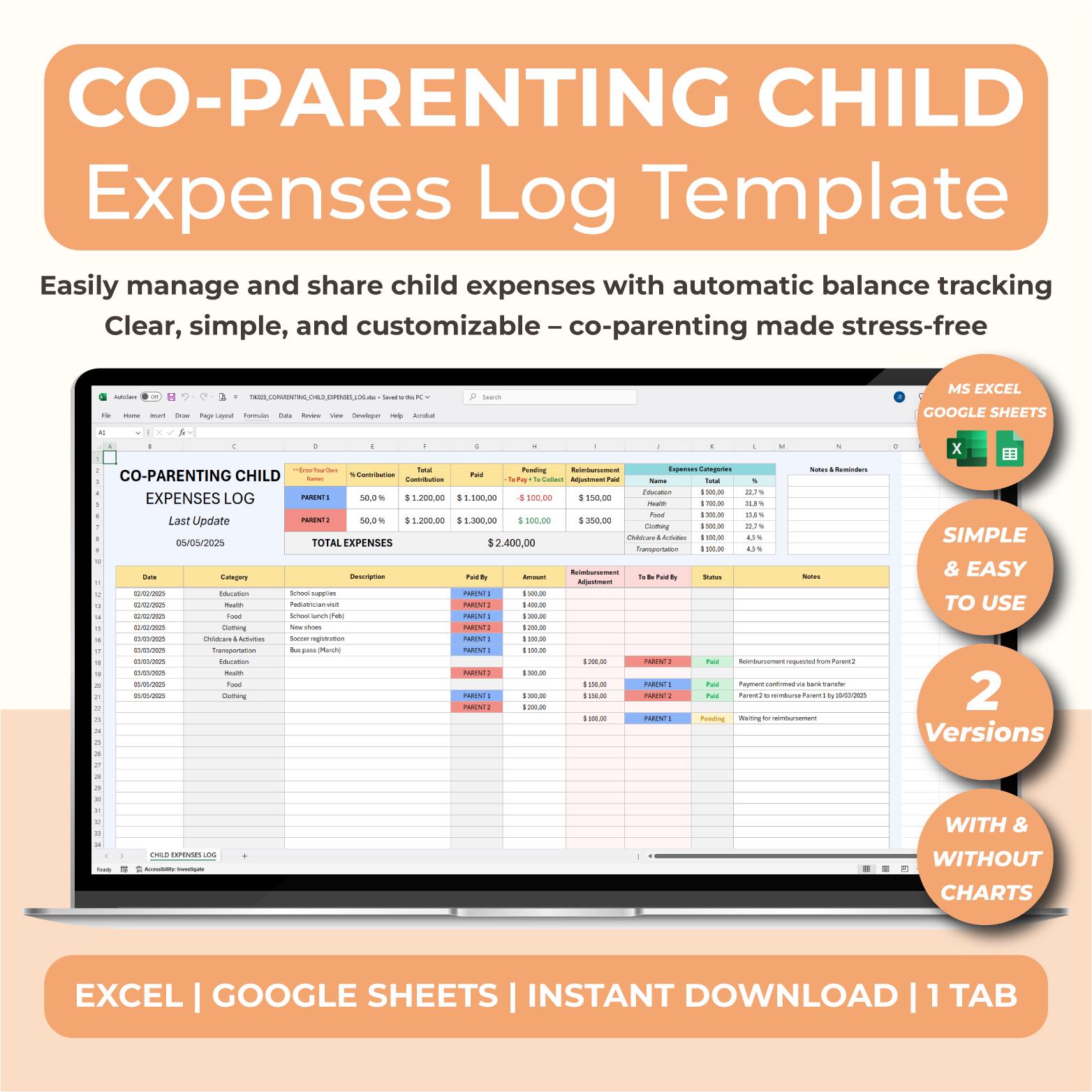 Divorce Expense Tracker, Shared Expenses Log for Parents, Co Parenting ...