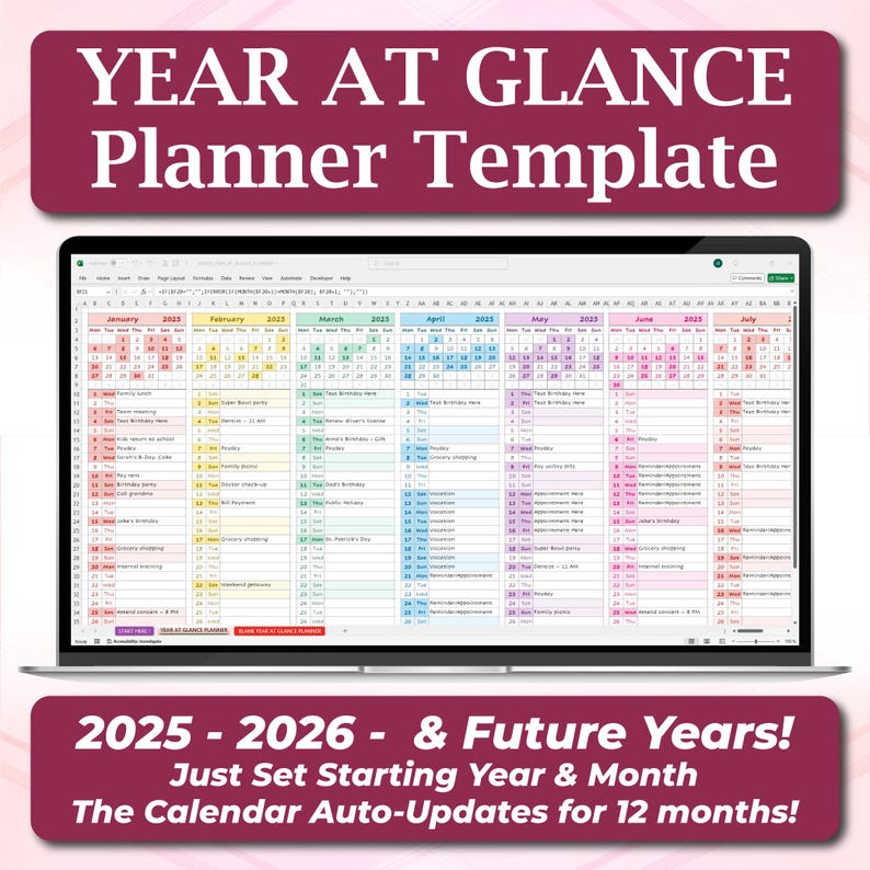 Year at a Glance Calendar Template, Excel Yearly Planner, Auto Updating ...