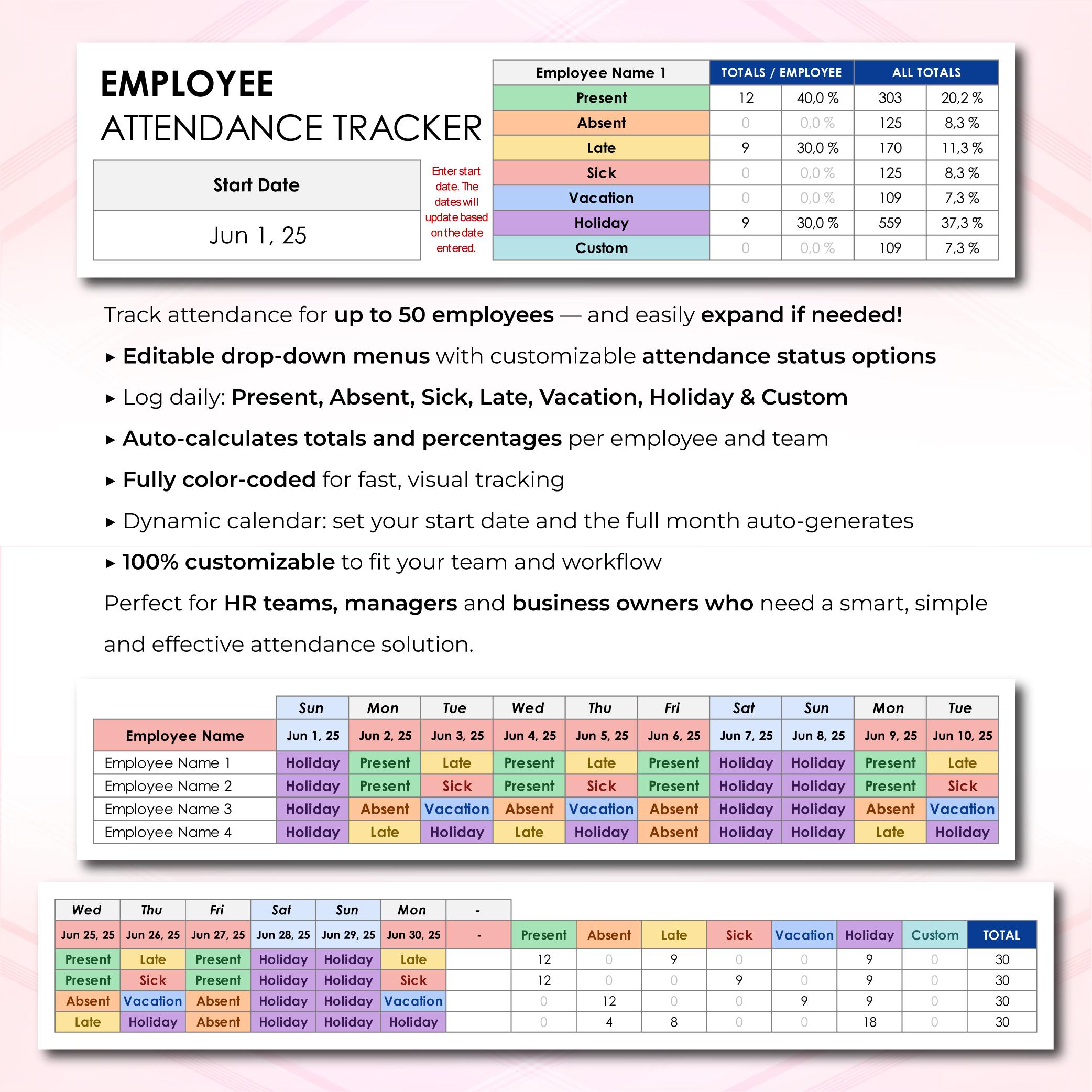 Employee Attendance Tracker Excel Template, Human Resources Attendance ...