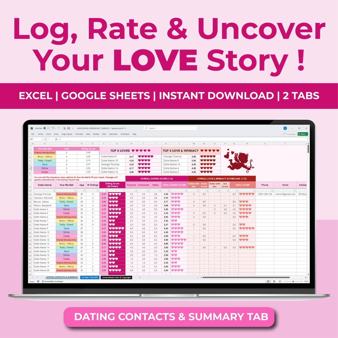 Date Tracker Spreadsheet, Rate Your Dates Excel Template, Funny Dating ...