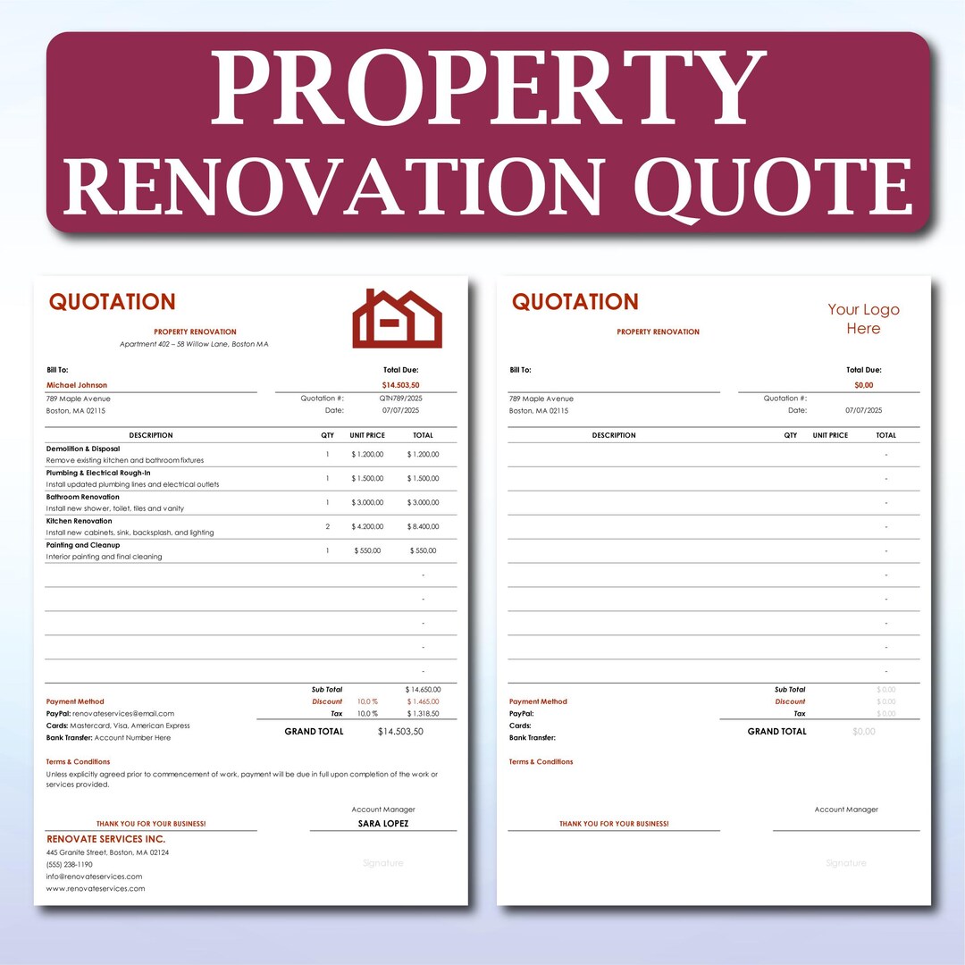 Property Renovation Estimate Template, Building Work Quote Spreadsheet ...