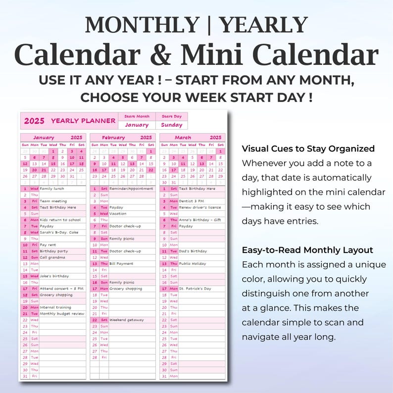 Year at a Glance Calendar Template, Excel Yearly Planner, Auto Updating ...