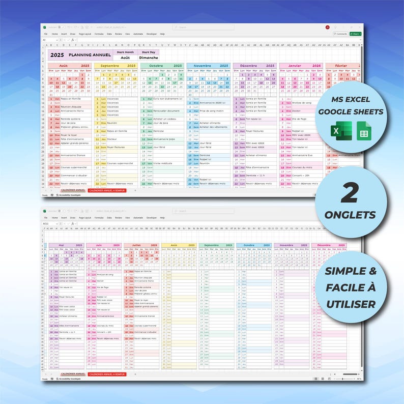 12 Month Calendar Template, Year at a Glance Planner, Excel Google ...