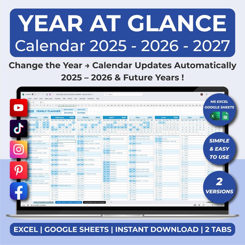 Excel Calendar Template, Year at a Glance Planner, Monthly & Yearly ...