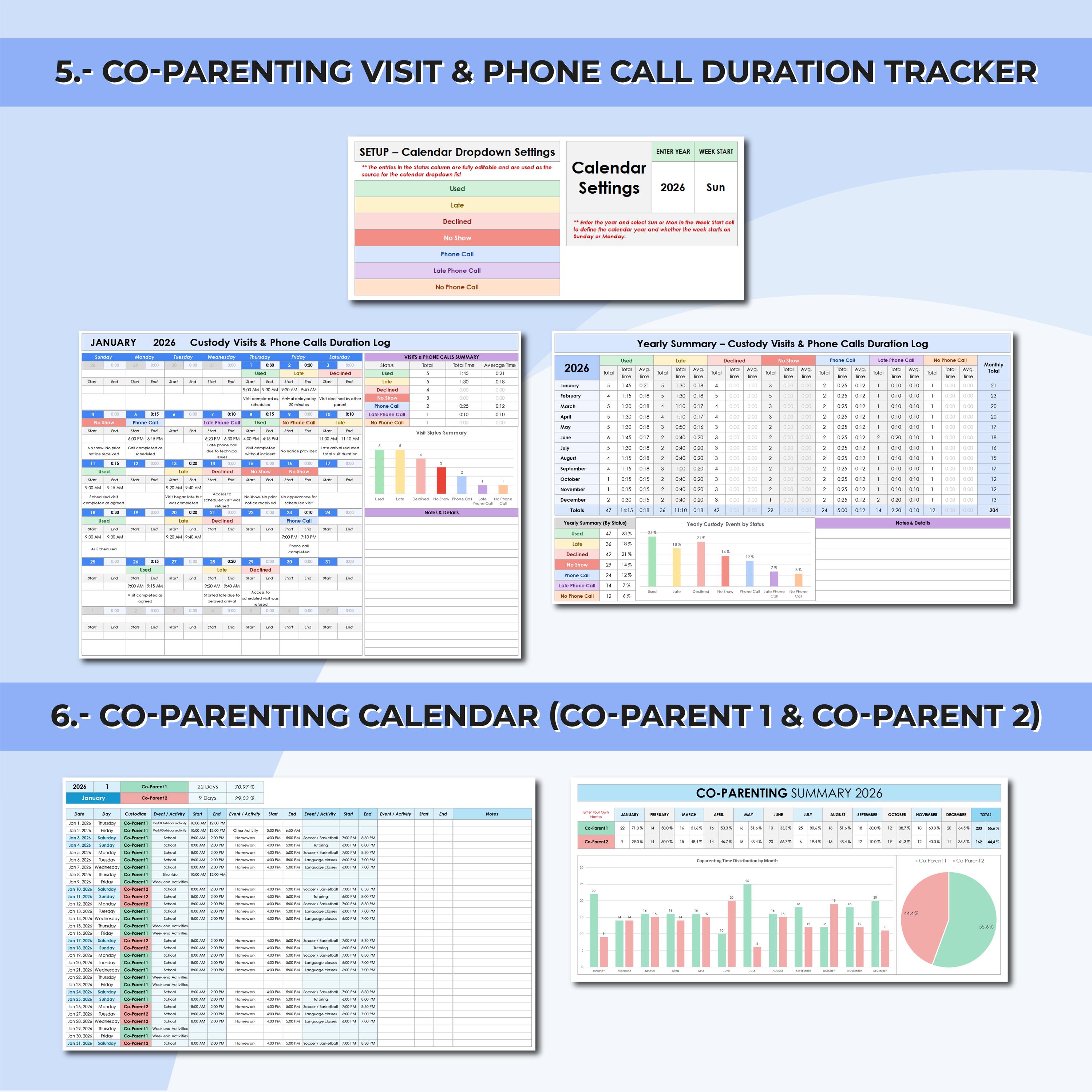 Co-parenting Template Bundle | Custody Calendar, Visits, Phone Calls ...