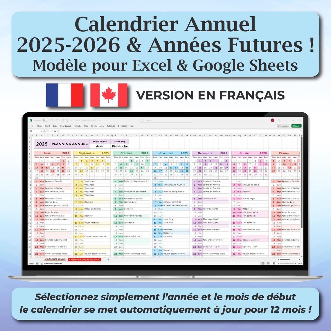 Year at a Glance Calendar Template, Excel Yearly Planner, Auto Updating ...