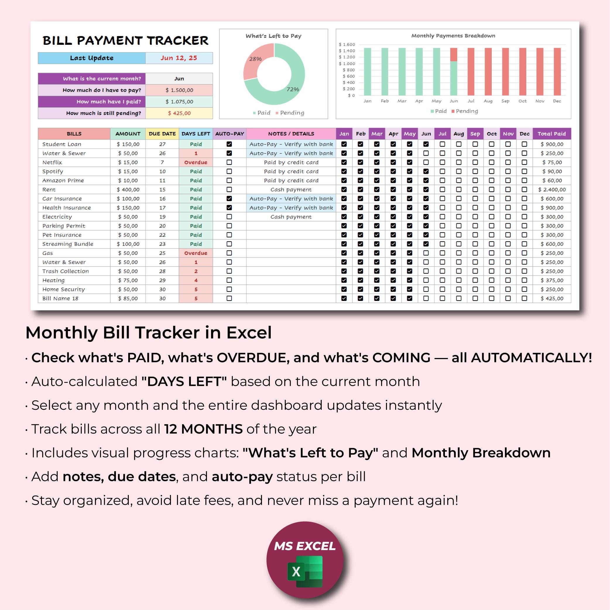 Bill Payment Tracker Excel, Bill Tracker Spreadsheet, Monthly Bills ...