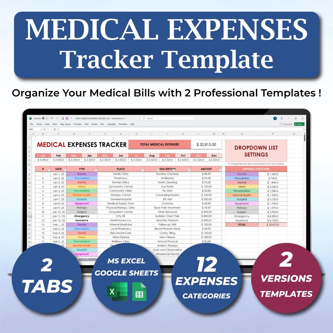 Medical Expenses Tracker Excel Google Sheets | Bill Organizer Tax ...