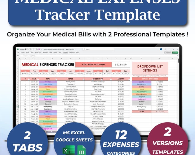 Medical Expenses Tracker Excel Google Sheets | Bill Organizer Tax ...