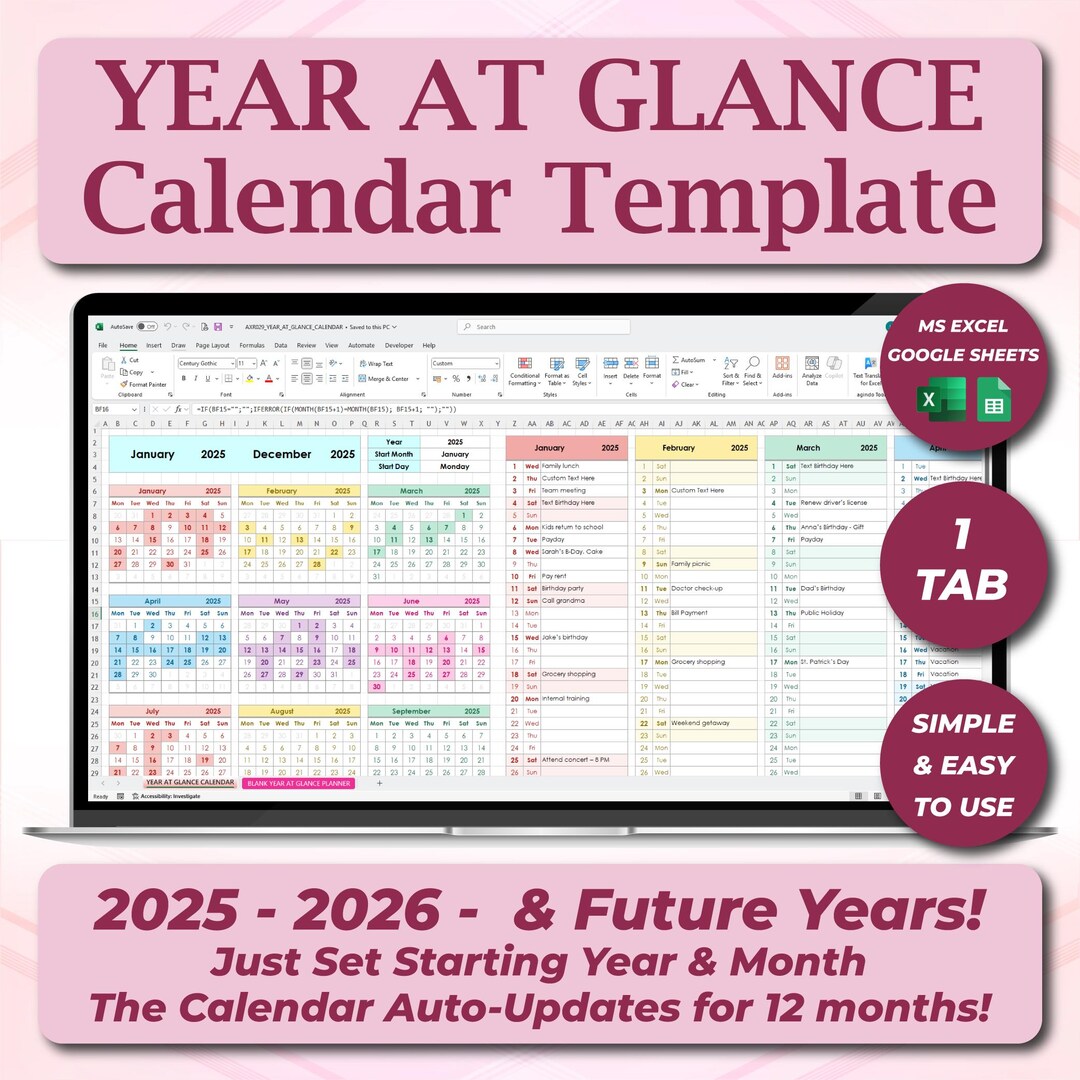 Smart Calendar Spreadsheet Template in Excel, Yearly Calendar Google ...