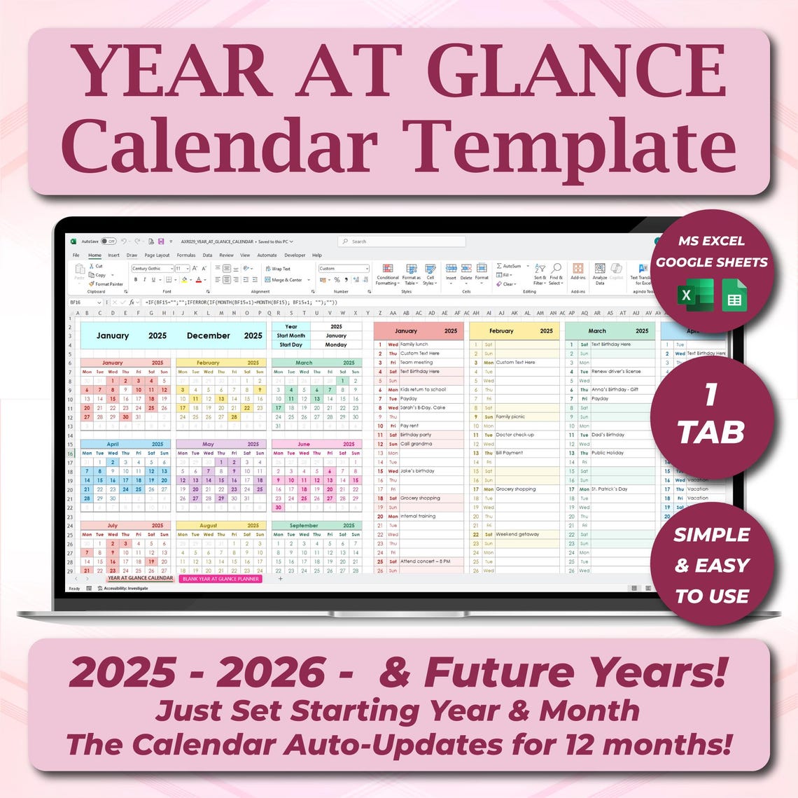 Smart Calendar Spreadsheet Template in Excel, Yearly Calendar Google ...