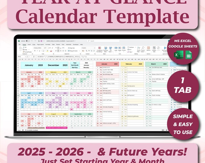Smart Calendar Spreadsheet Template in Excel, Yearly Calendar Google ...