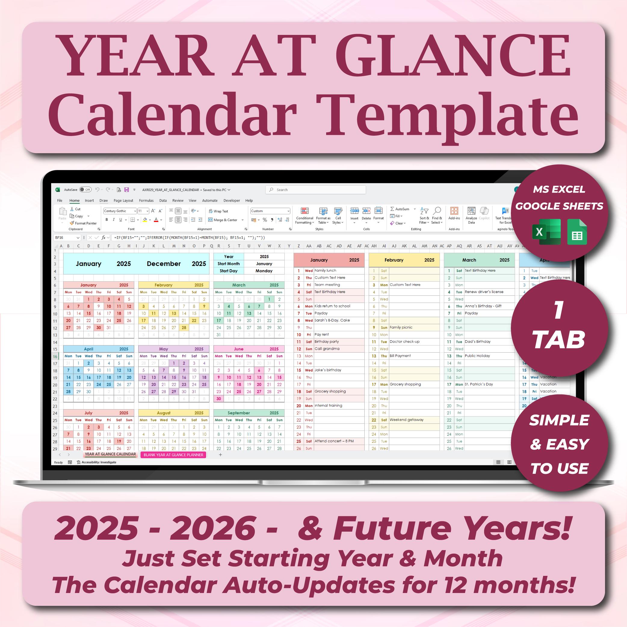 Smart Calendar Spreadsheet Template in Excel, Yearly Calendar Google ...