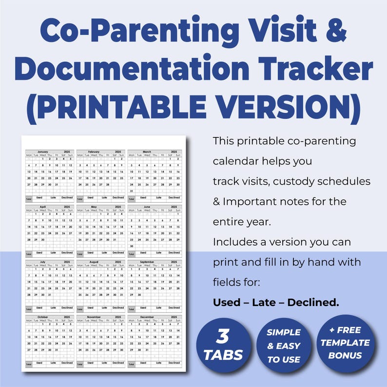 Co-parenting Custody Calendar Template | 12-month Visit & Documentation Tracker | Shared ...