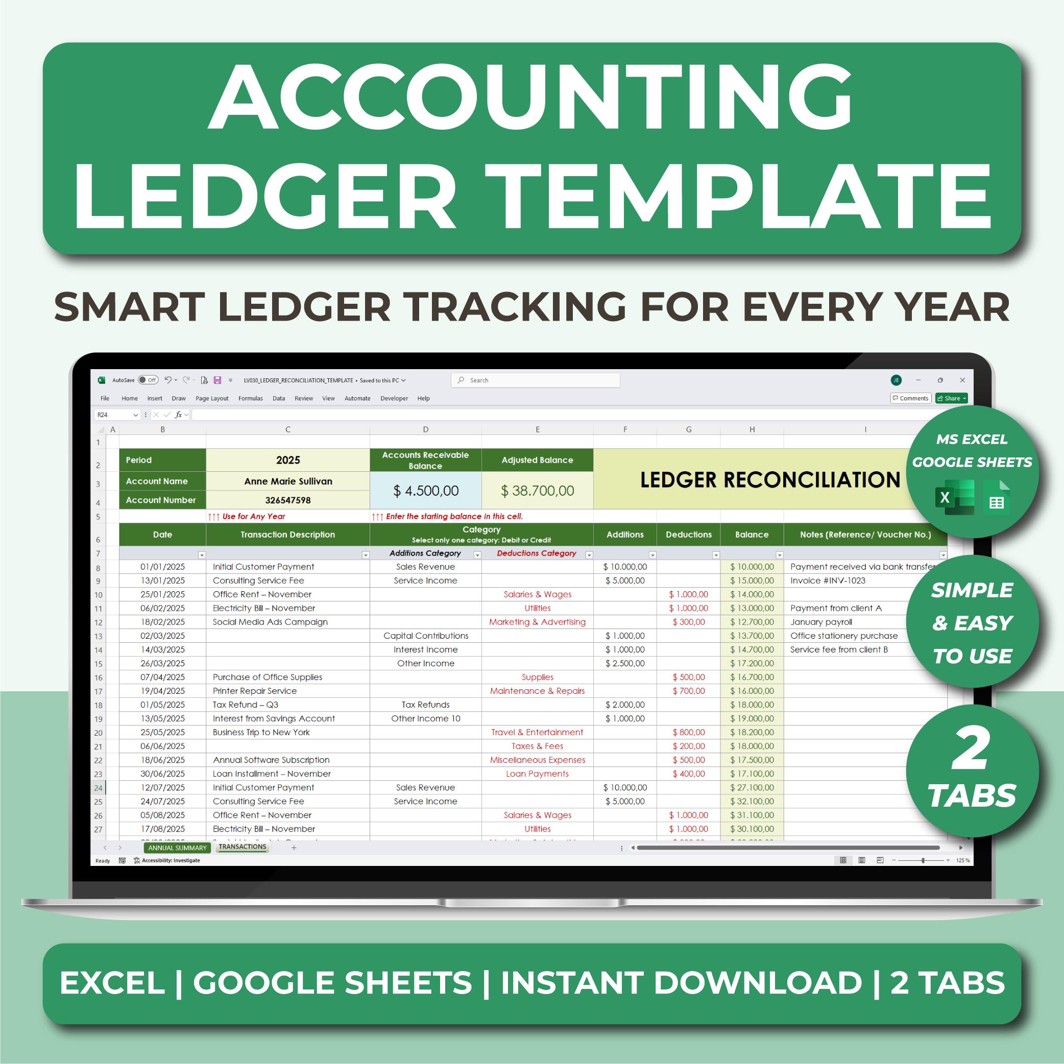 Ledger Reconciliation Template, Excel Google Sheets, Account ...