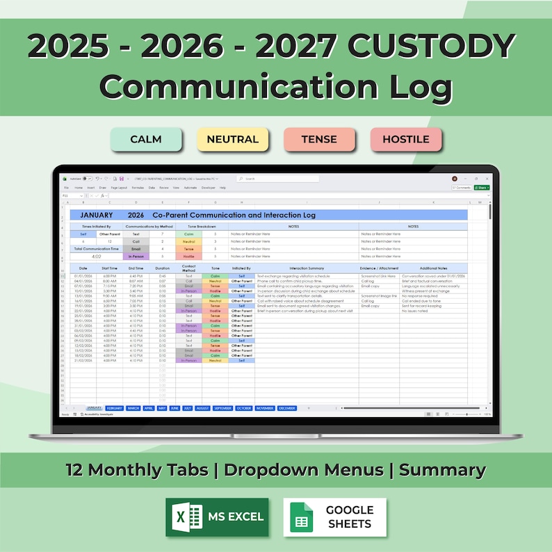Custody Communication Log Spreadsheet 2026 2027, Co Parenting ...