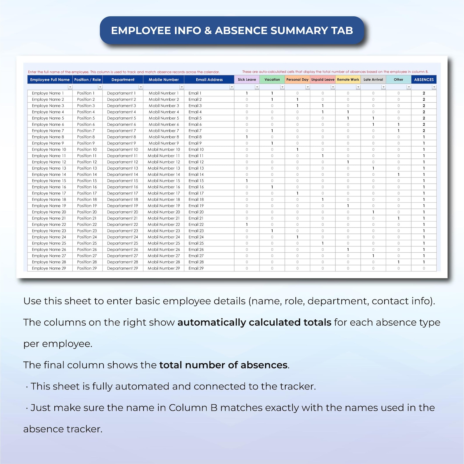 Employee Absence Tracker Template Excel | Time Off, Sick Leave ...
