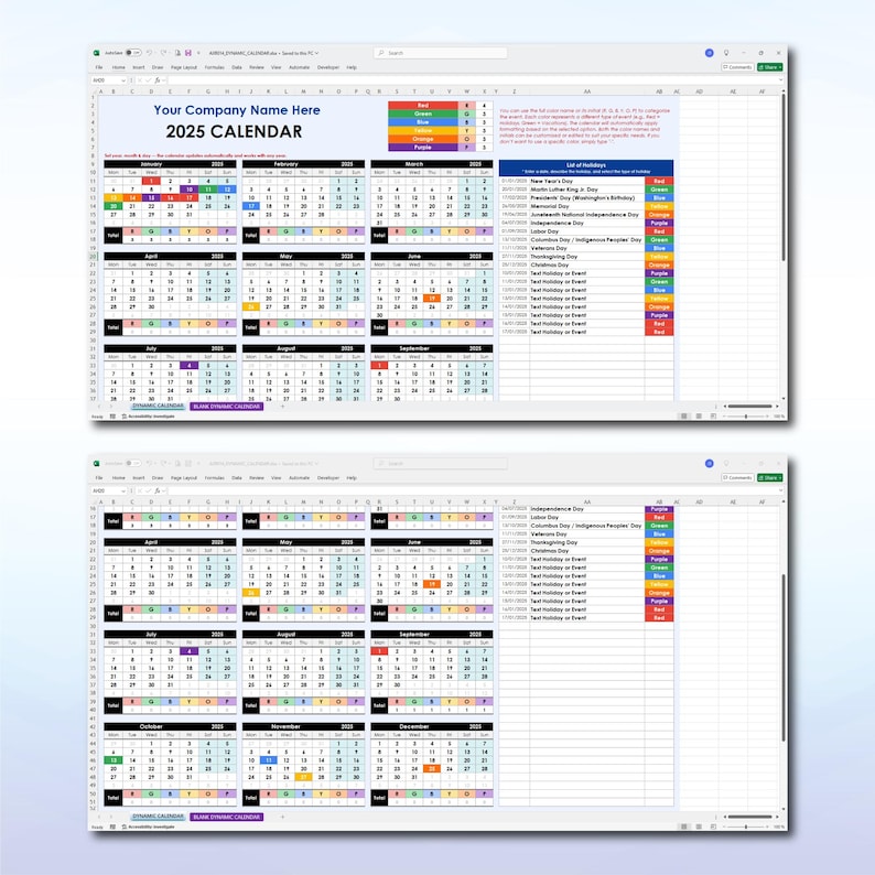 2025 2026 Excel Business Calendar Template, Dynamic Calendar Excel ...