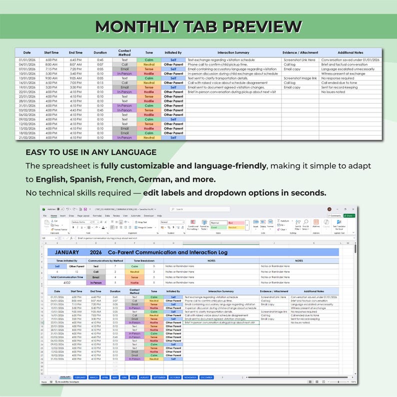 Custody Communication Log Spreadsheet 2026 2027, Co Parenting ...