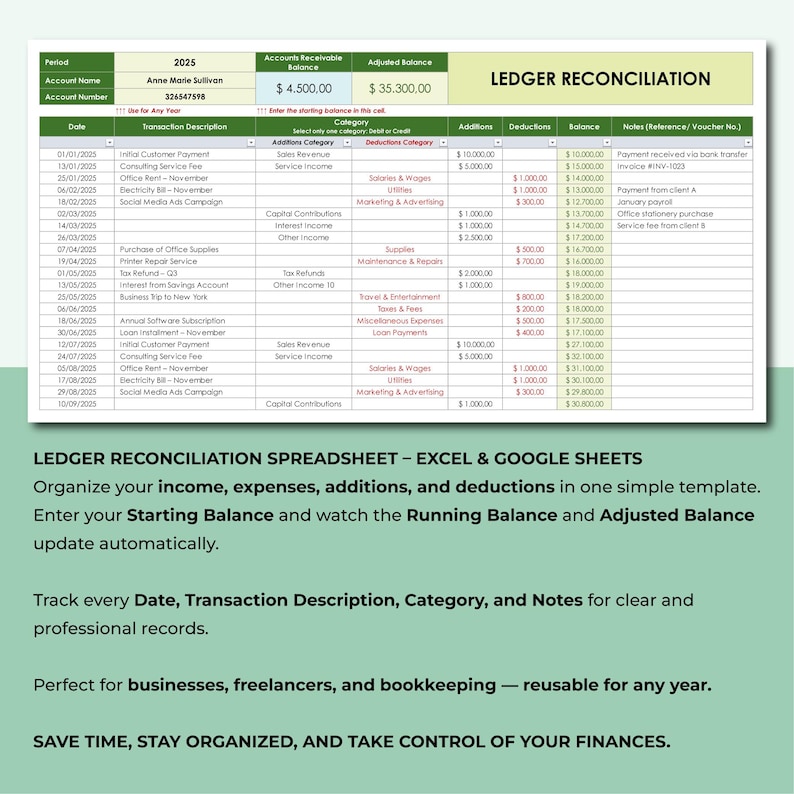 Ledger Reconciliation Template, Excel Google Sheets, Account ...