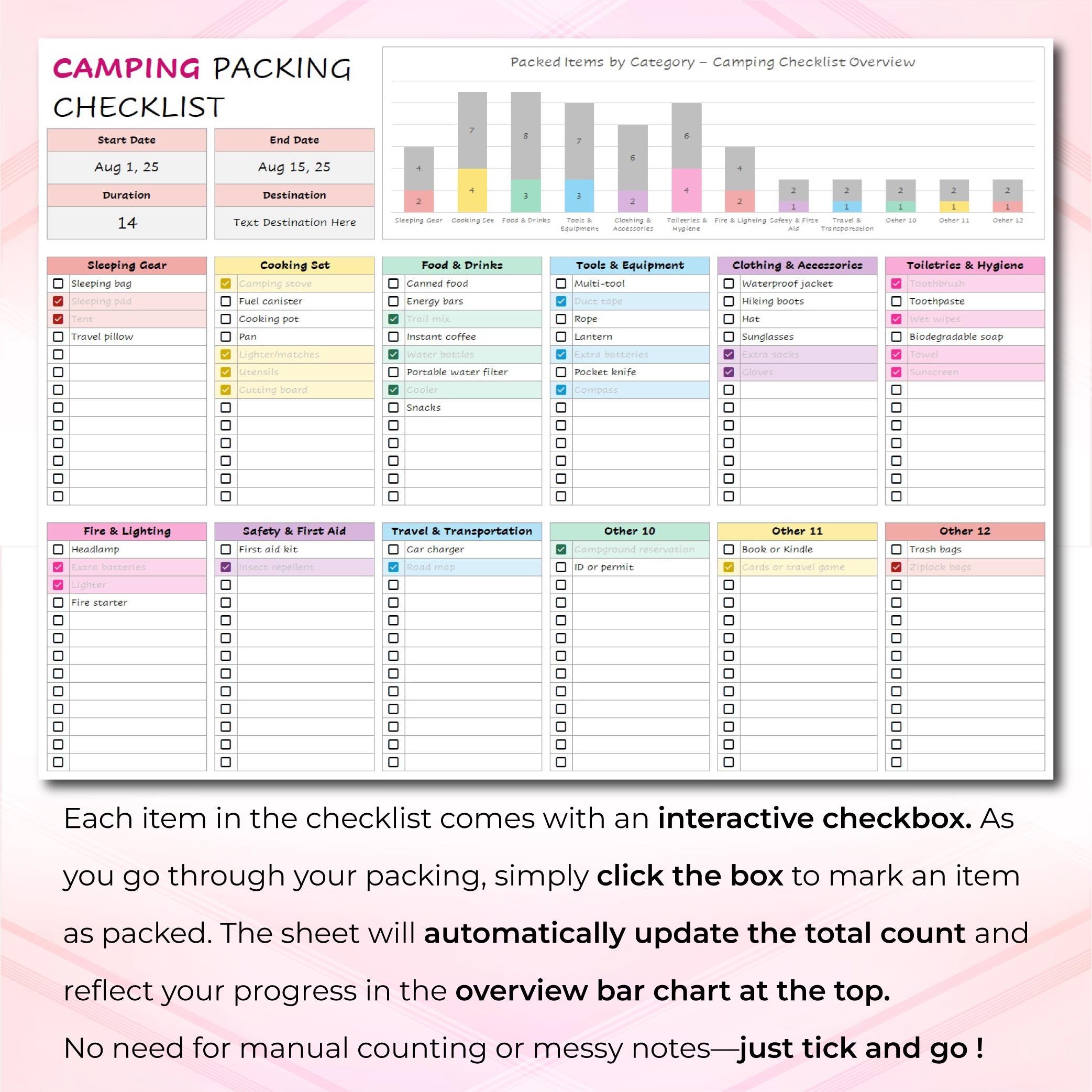 Camping Packing List Spreadsheet Template, Excel Camping Checklist ...