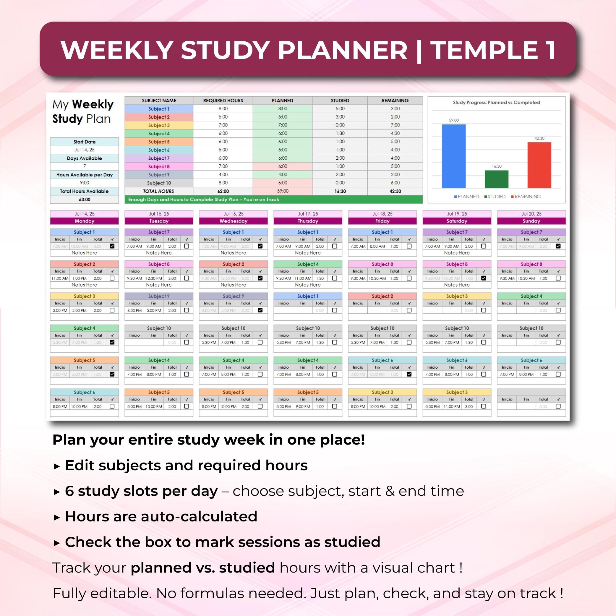 Study Planner for Students, Excel Study Schedule, Weekly Checklist ...