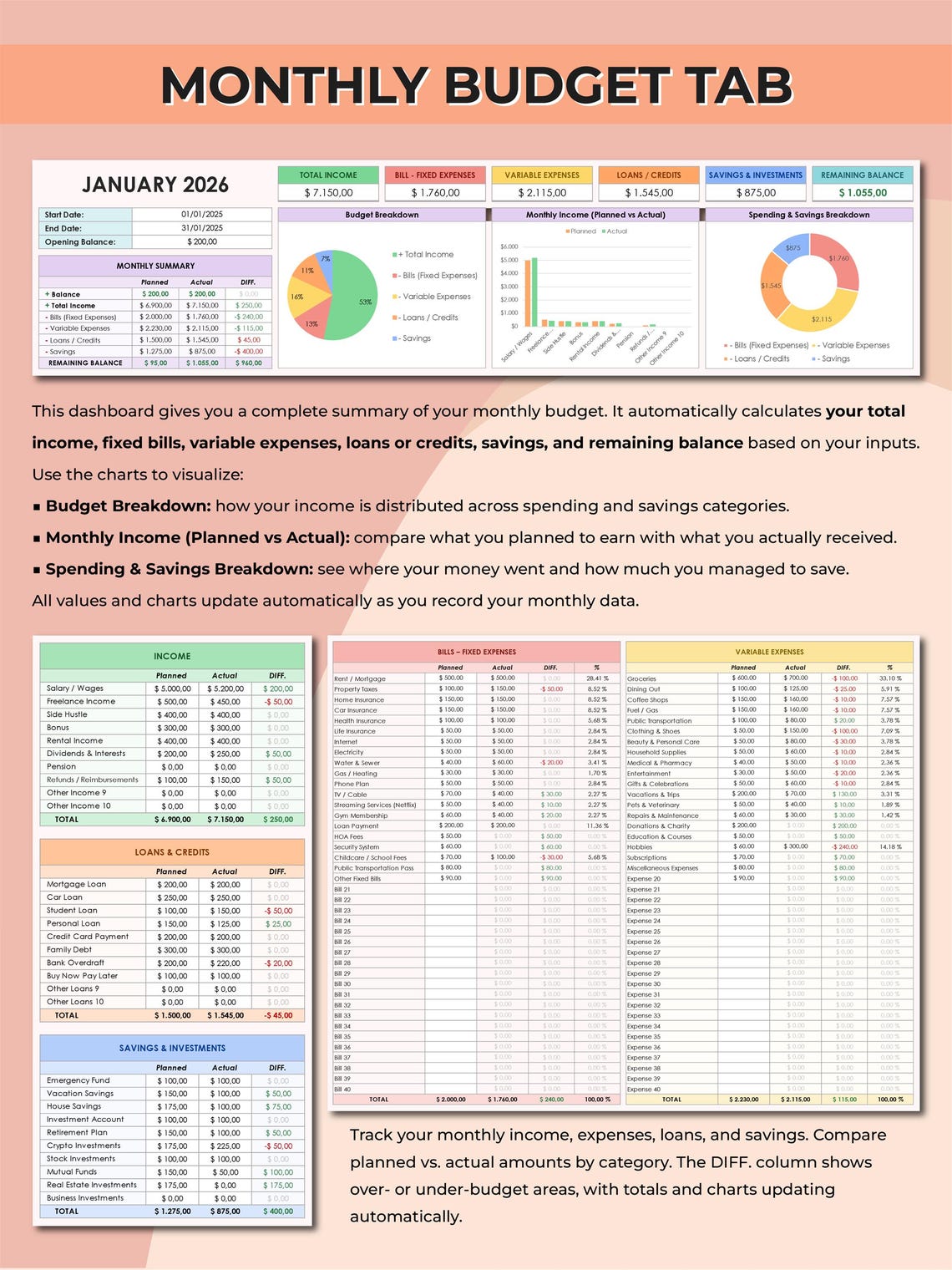 Simple 2026 Budget Planner, Excel & Google Sheets Budget Spreadsheet ...