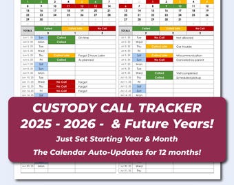Custody Call Tracker 2025-2026 | Co Parenting Planner Excel & Google ...