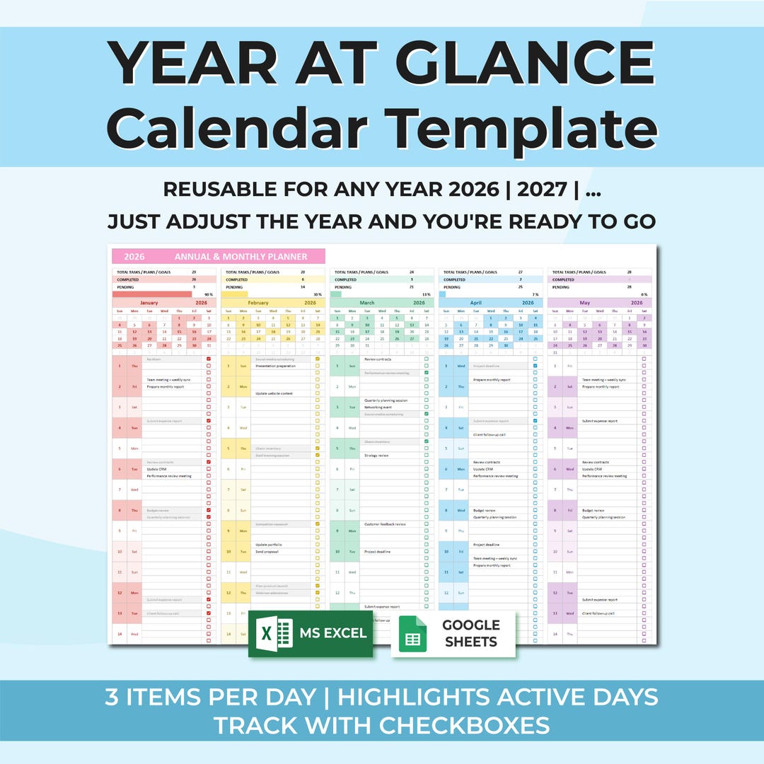 Annual Organizer Spreadsheet Excel Google Sheets, Year Planner 2026 ...