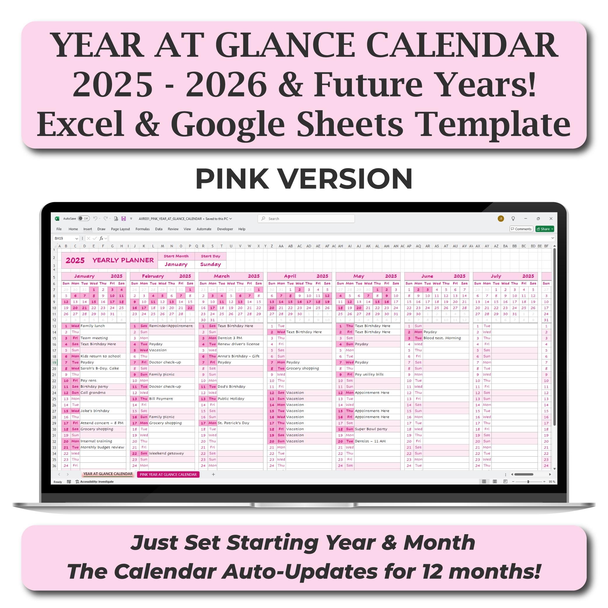 Year at a Glance Calendar Template, Excel Yearly Planner, Auto Updating ...