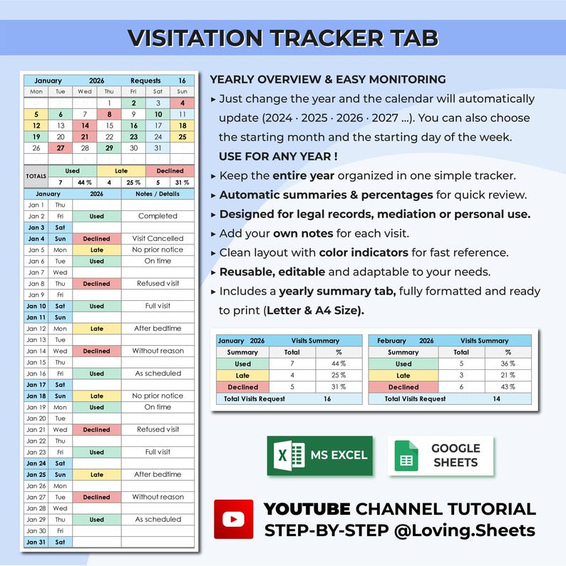 Shared Custody Calendar Spreadsheet for Co-parenting | Visit Tracking ...