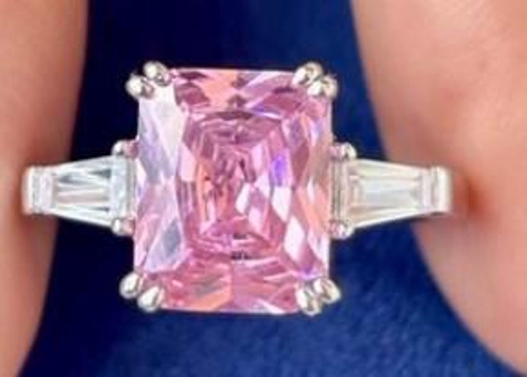 Pink Radiant Cut Moissanite Engagement Ring: Baguette Side Stones ...