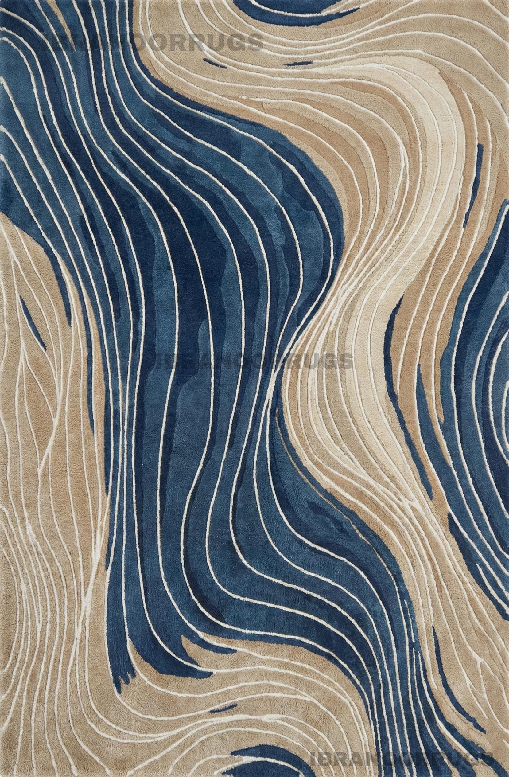 Abstract Wavy Wool Rug, Modern Neutral Area Rug, Navy Blue Beige ...