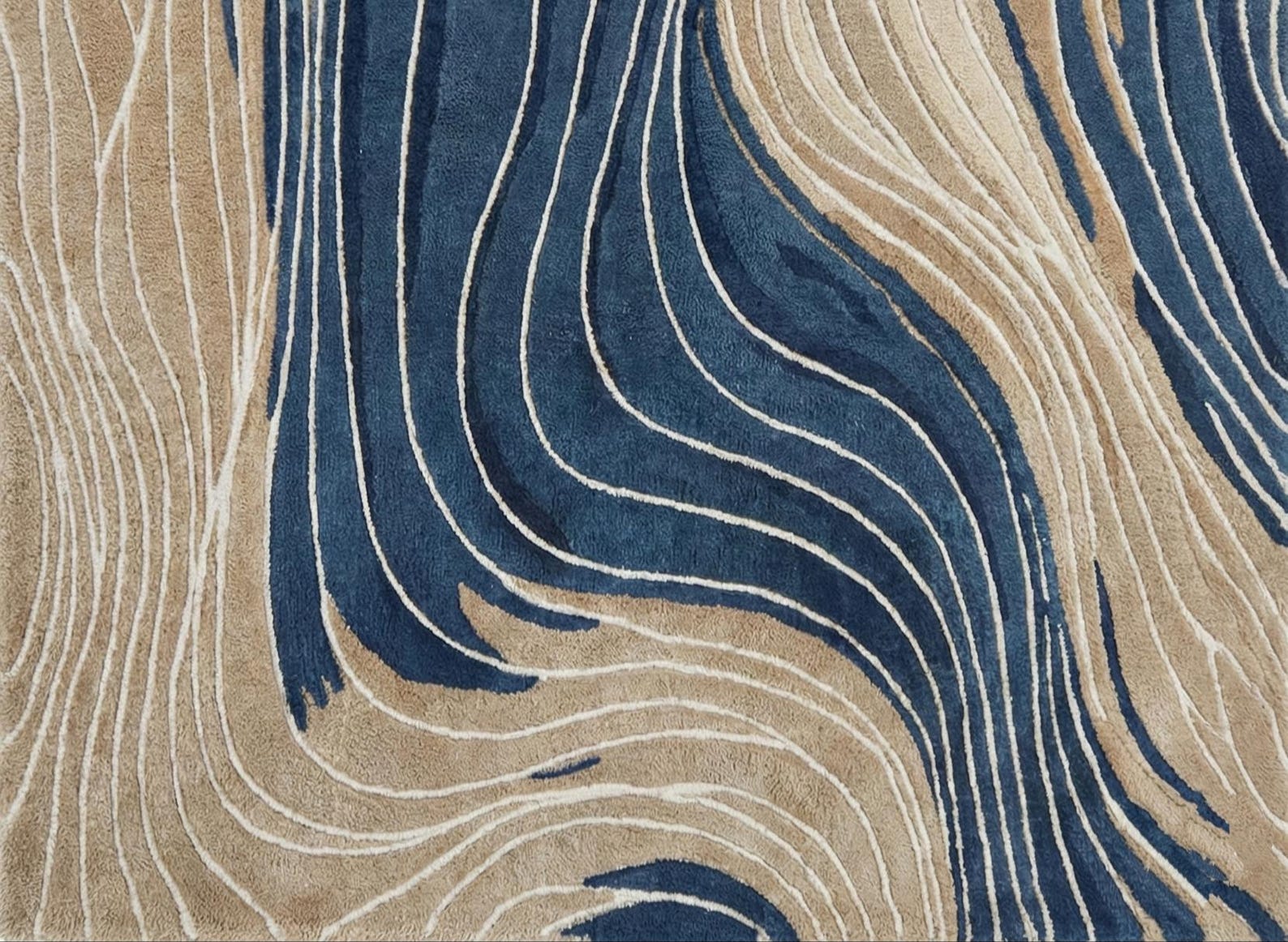 Abstract Wavy Wool Rug, Modern Neutral Area Rug, Navy Blue Beige ...
