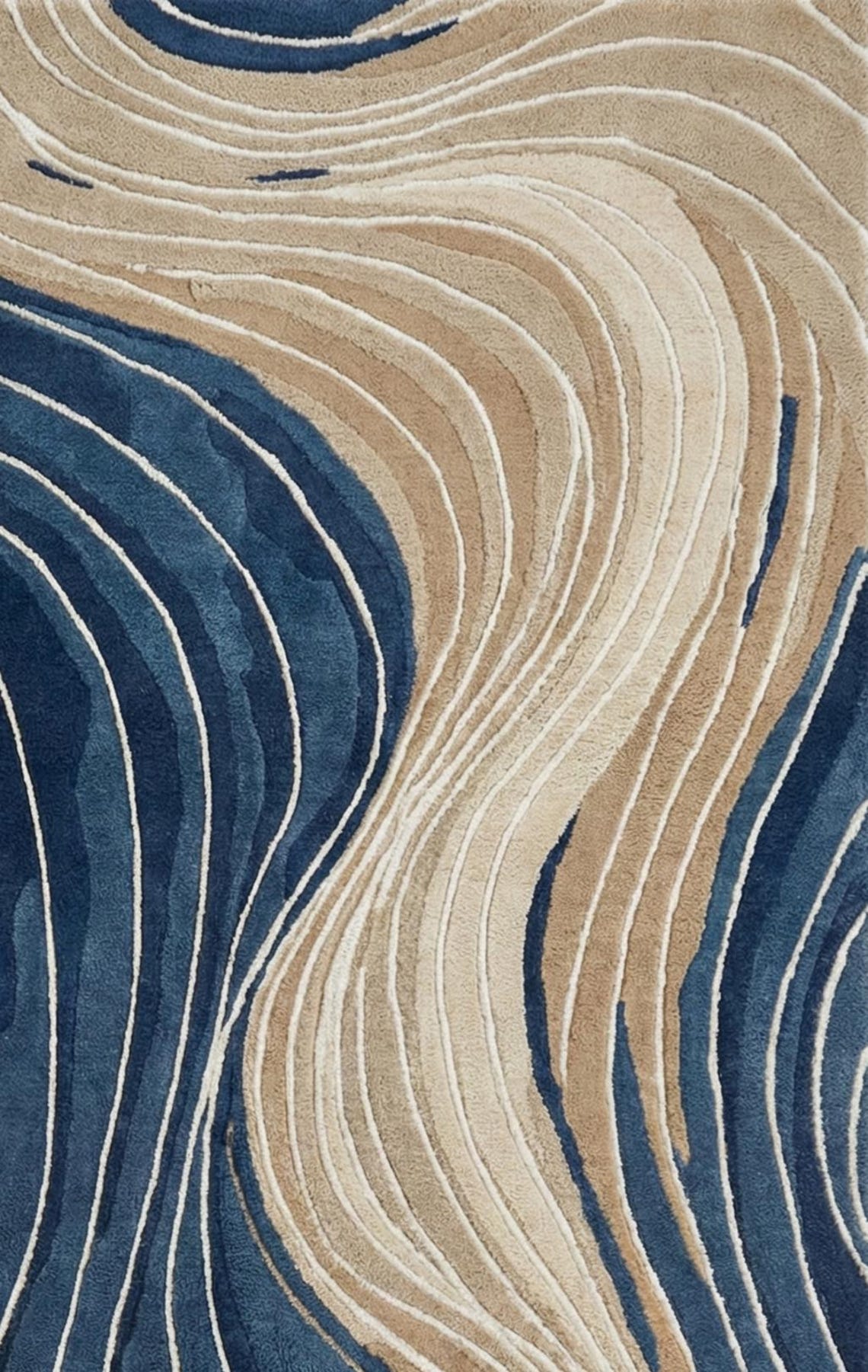 Abstract Wavy Wool Rug, Modern Neutral Area Rug, Navy Blue Beige ...